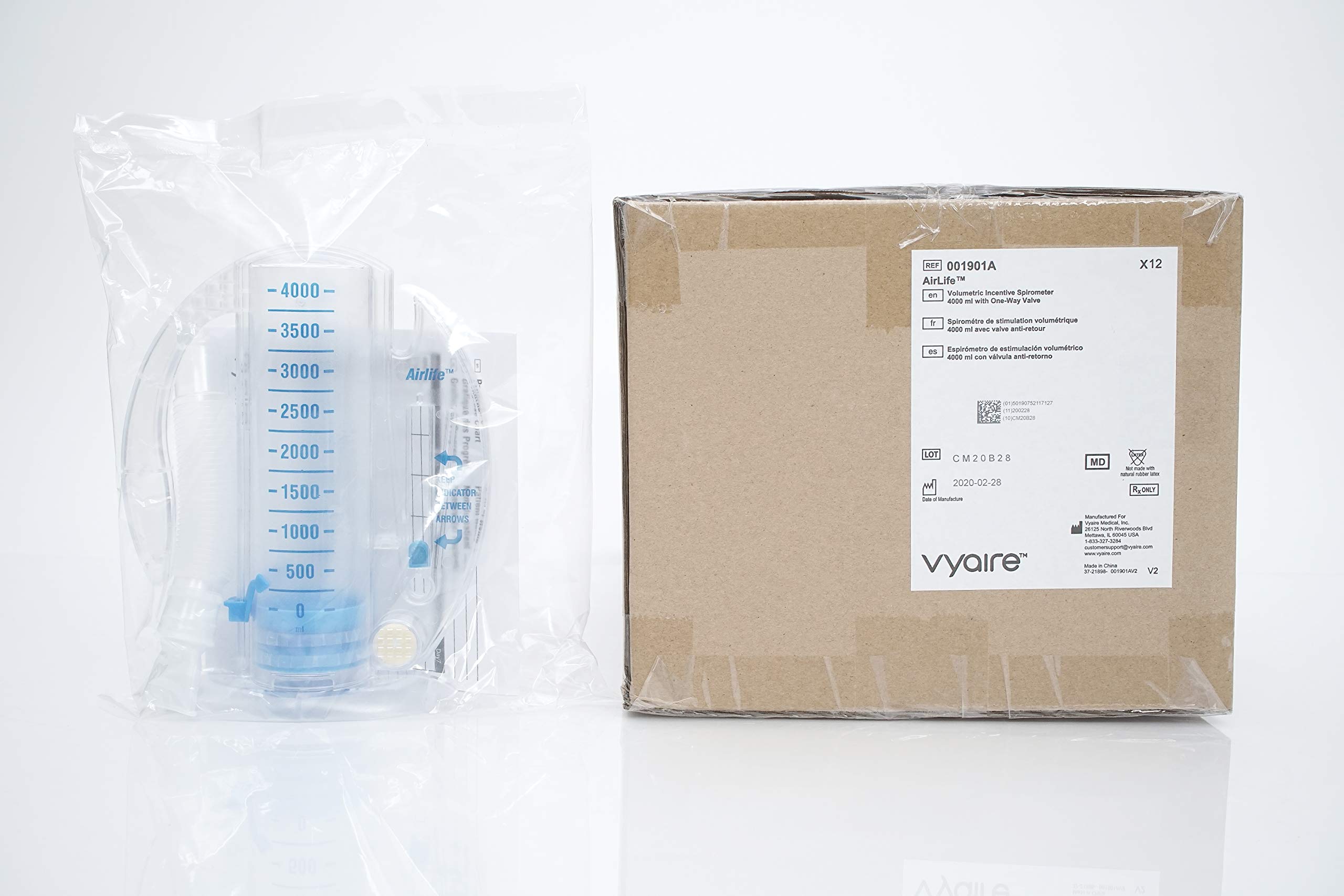 Vyaire Medical 1901A AirLife Volumetric Incentive Spirometers, One Way Valve, 4000 mL, Pack of 12