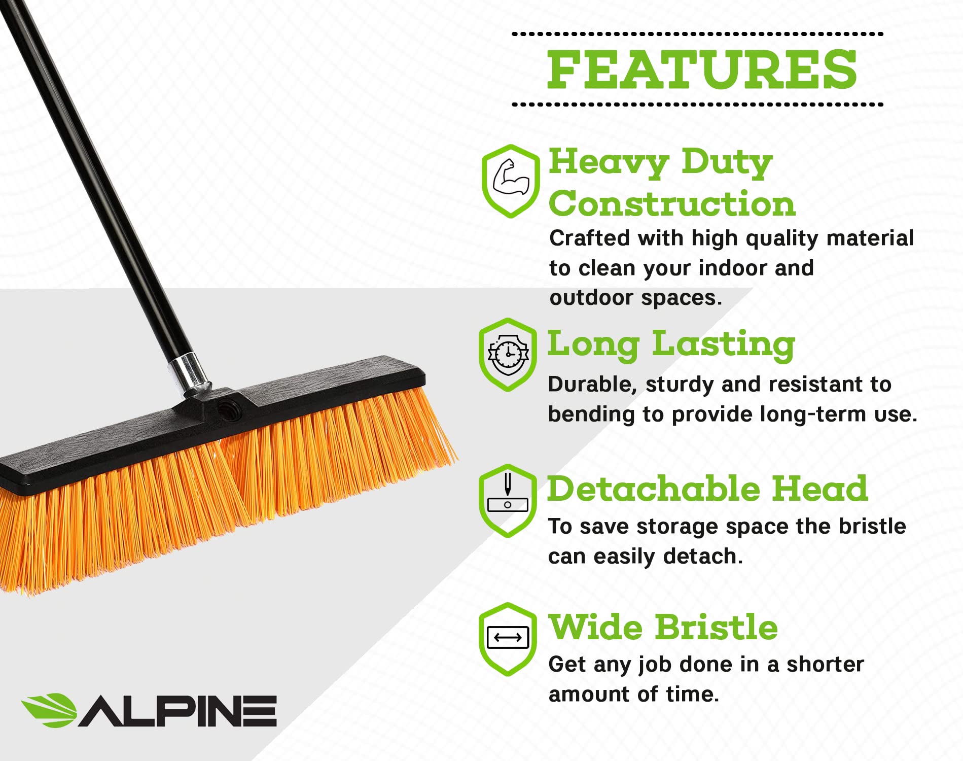 Alpine Industries Push Broom Heavy Duty Smooth Surface Broom Deck Scrubber Long Handle Commercial Floor Scrub Broom Cleans Dirt, Debris, Sand, Mud, Leaves and Water (Yellow, 18 in)