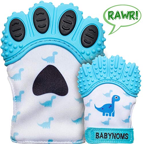 BabyNoms ® Teething Mitten | The Original Teething Paw | Safe Silicone Teething Toy or Teething Ring Provides Self-Soothing Teething Relief | Dino Blue Teether