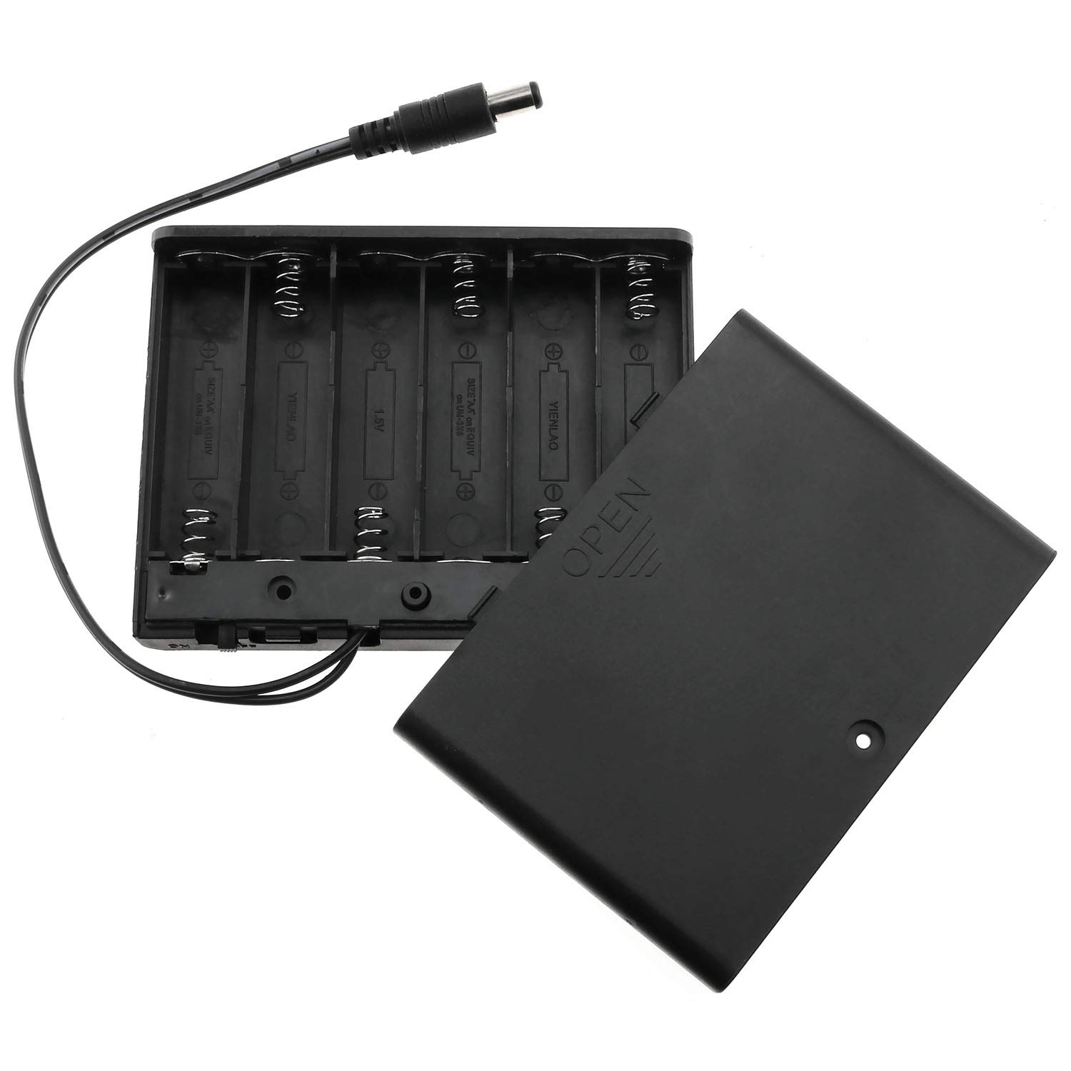 E-outstanding Battery Box 6x1.5V AA Battery Case Holder Black Enclosed Box with ON/Off Switch and 5.5mm x 2.1mm DC Plug