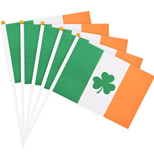 20 Pack Small Ireland Irish Shamrock Flag Stick 5'' x 8'' - Mini Handheld Lucky Green Clover Flags for St Patrick's Day Parade Celebration