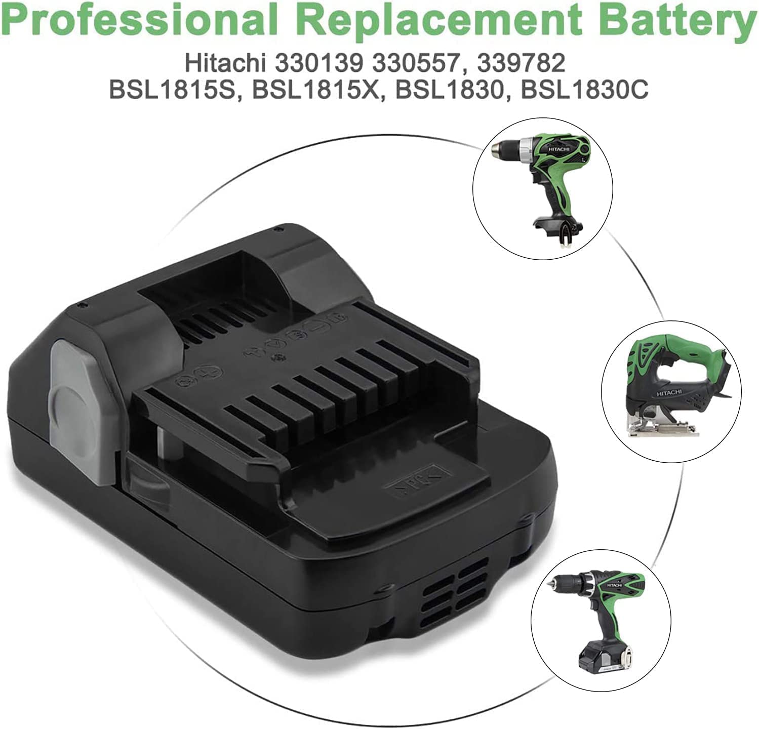 2Pack 3000mAh 18V Battery Compatible with Hitachi BSL1815X BSL1815S BSL1830 BSL1830C 330139 330557 339782 Li-ion Replacement Battery