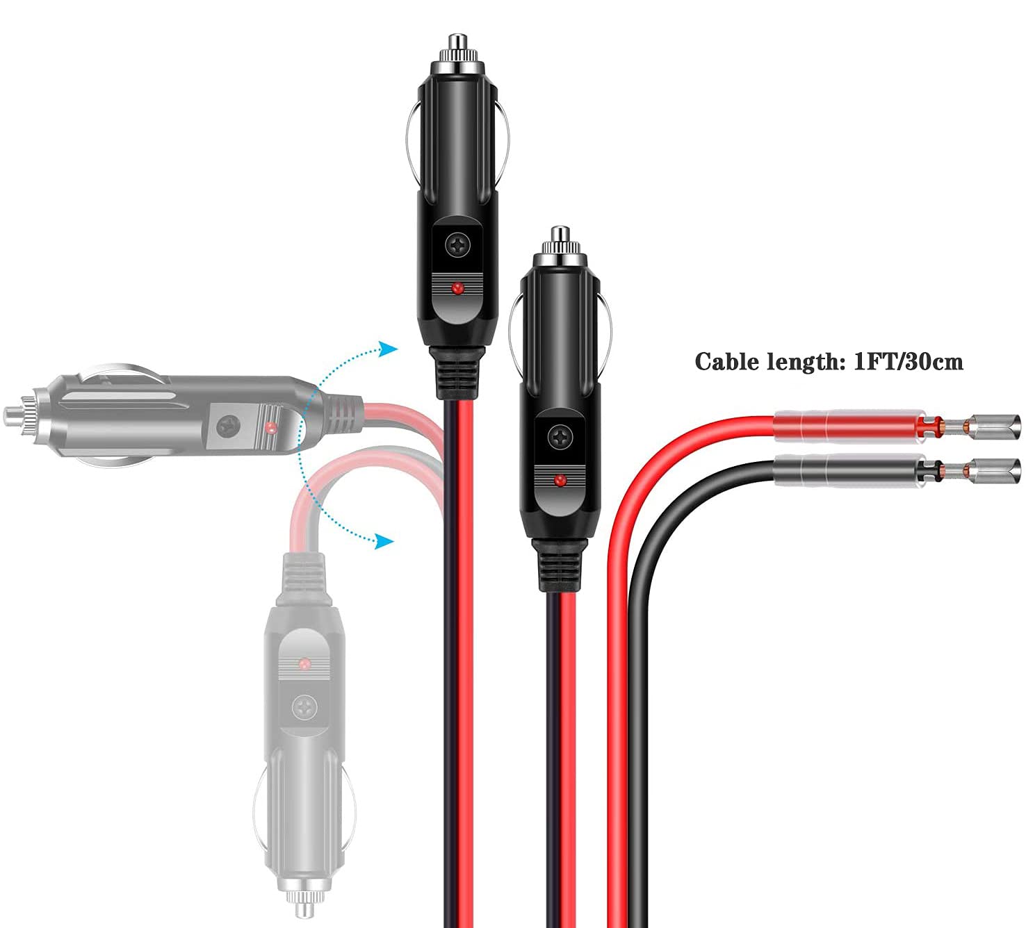 2 Pack 12V Fused Replacement Cigarette Lighter Male Plug - Wekttznol Male Cigarette Lighter Plug Adapter - with Leads &LED Light &1FT 16AWG Extension Cable with 15A Fuse (2 Pack)