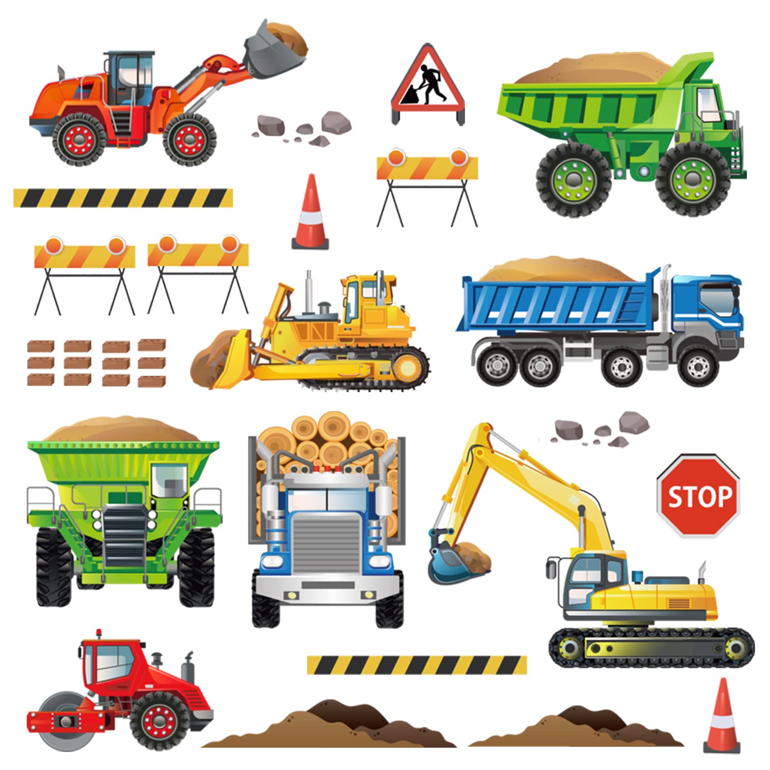 BASHOM BS-103 Large Construction Vehicles Wall Decals Excavator Tractor Truck Stickers for Kids Boys Baby Bedroom Nursery Playroom Living Room Art Decor
