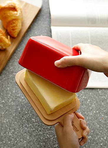 Sweese 323.104 Butter Dish with Lid and Handle, Porcelain Butter Keeper and Extended Wooden Lid, Red