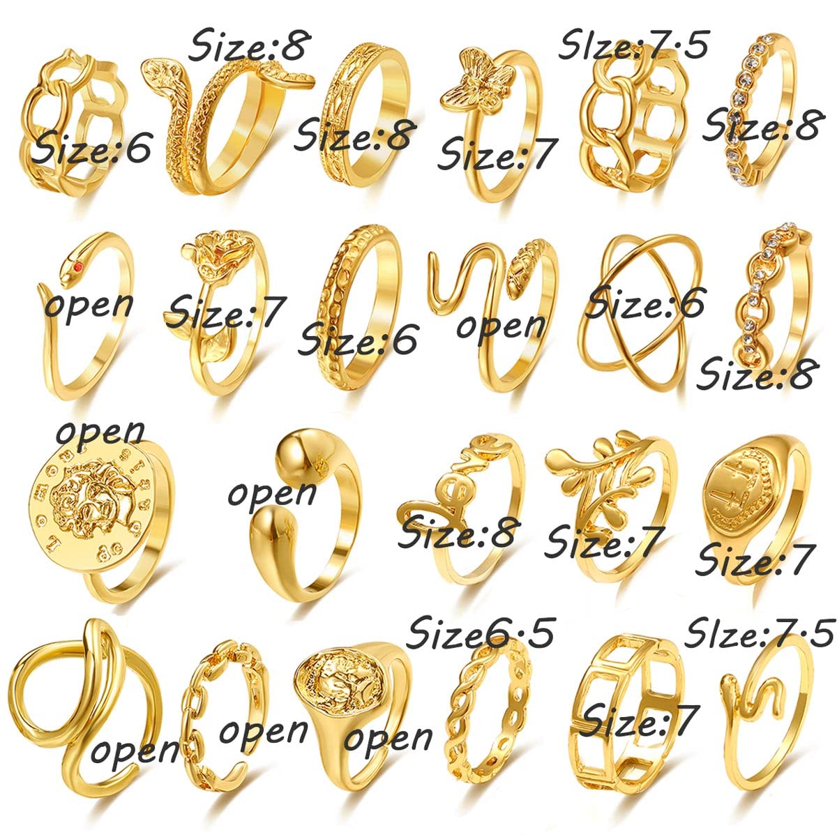 17IF 23 Pcs Gold Knuckle Rings Set for Women Grunge Vintage Goth Punk Chunky Ring Modern Boho Butterfly Snake Rose Stackable Thick Finger Rings Silver Midi Rings Pack Lover for Anniversary Birthday Party
