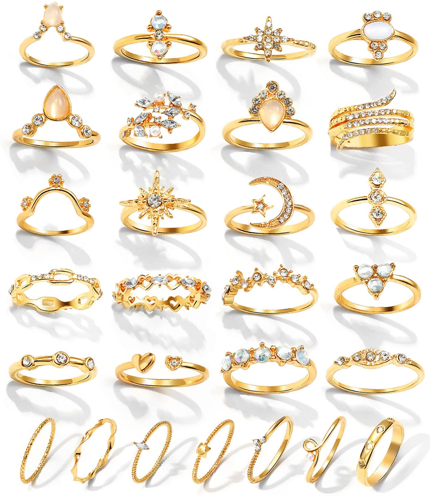 17IF 27 Pcs Gold Boho Sparkle Knuckle Rings Set for Women, Vintage Fashion Aesthetic Trendy Joint Snake Ring Pack, Retro Pink Rhinestone Assorted Moon Star Crystal Love Leaf Diamond Pearl Jewelry