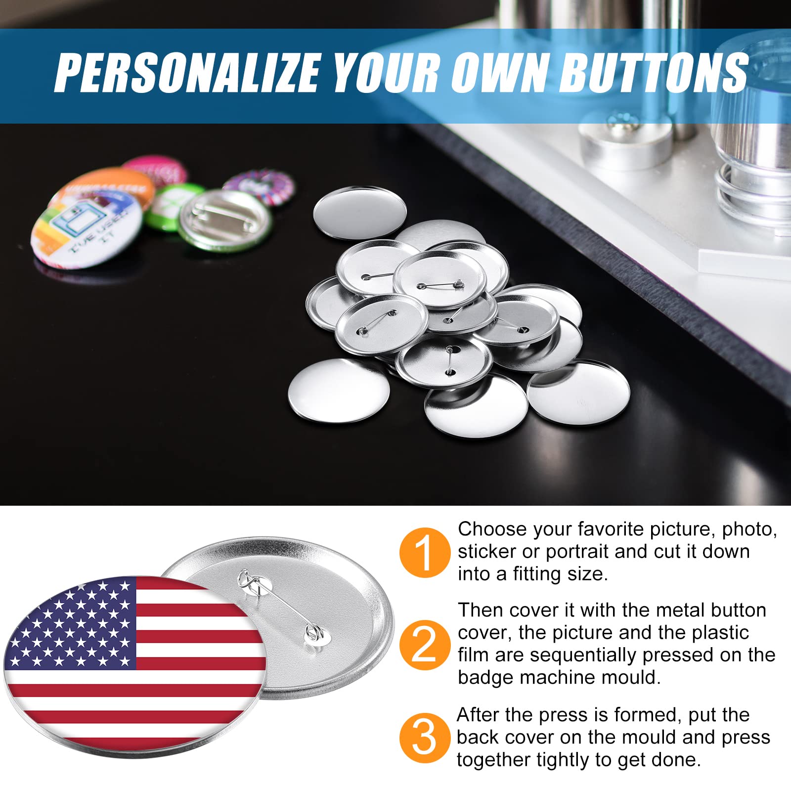 150 Pcs Round Button Parts Blank Button Making Supplies Metal Button Badge Sets for Button Maker Machine, Include Metal Shells Metal Back Cover Clear Film Components (Silver, 58 mm/ 2.28 Inch)