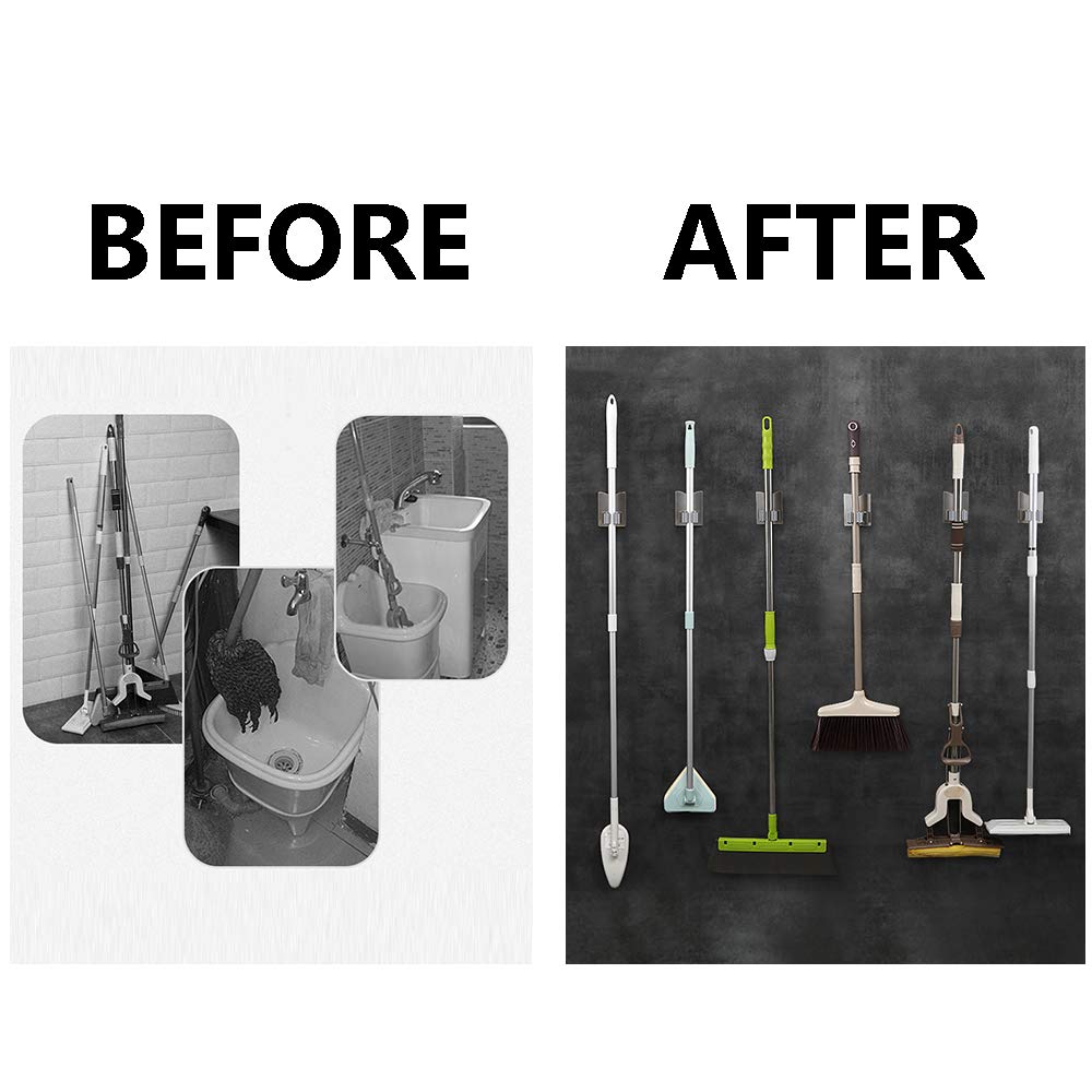 2 Pack Mop Broom Holder Racks 304 Stainless Steel Self Adhesive Heavy Duty Wall Mounted Mop Organizer Storage Clip Multi-Used for Garage Kitchen and Bathroom