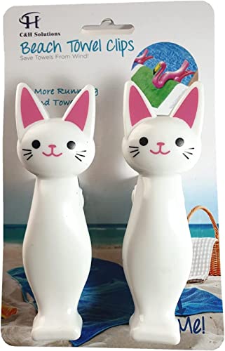 2 Set (4 Ct) White Cat Beach Towel Clips Jumbo Size for Beach Chair, Cruise Beach Patio, Pool Accessories for Chairs, Household Clip, Baby Stroller