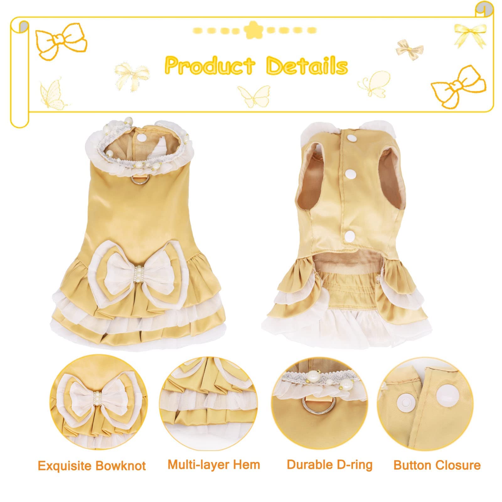Albrost Dog Dress Harness Vest with Matching Leash, Golden Bow-Knot Puppy Dresses D Ring, Cute Leash Set, Princess Multi-Layer Pleated Skirt Pet for Small Cat (Medium), Golden,Gold,White