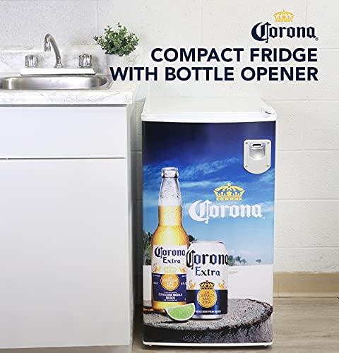 Corona Compact Fridge with Bottle Opener, 90 L/ 95 Quart 3.2 Cubic Foot for Snacks, Beverages, Juice, Beer, Den, Dorm, Office, Games Room, or RV