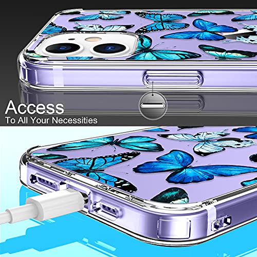 LUHOURI iPhone 12 Case, iPhone 12 Pro Case with Screen Protector, Clear Fashion Design Cover for Women Girls, Slim Fit Protective Phone Case for iPhone 12/12 Pro 6.1" Blue Butterflies Flower