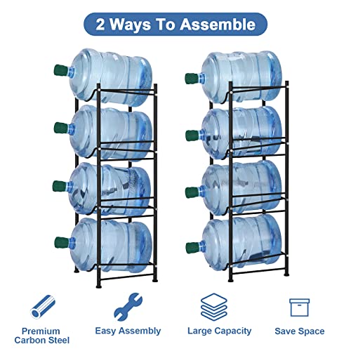 5 Gallon Water Bottle Jug Holder 4 Tier Heavy Duty Water Cooler Jug Storage Rack Detachable Gallon Water Jug Bottle Organizer Shelf for Home Kitchen Office Breakroom Space Save, Black
