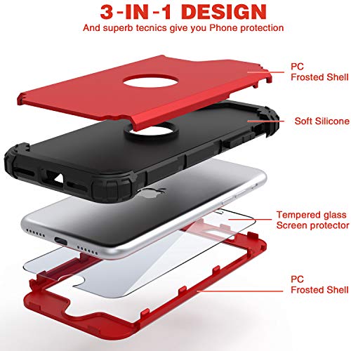 IDweel iPhone SE 2020 Case with Tempered Glass Screen Protector,iPhone SE 3 Case(3nd Gen 2022), 3 in 1 Shock Absorption Slim Heavy Duty Hard PC Cover Soft Silicone Bumper Full Body Durable Case,Red