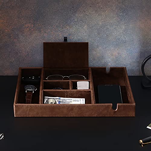 BEWISHOME Valet Tray for Men Dresser Organizer Nightstand Organizer Desktop Storage Organizer with Large Smartphone Charging Station, 6 Compartments, Faux Leather, Brown SSH16Z