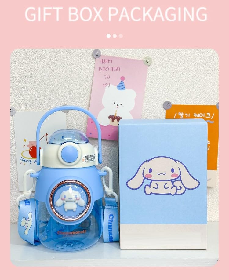28 oz Kawaii Water Bottle for Girls, Cute Water Bottles with Straw and Shoulder Strap, Large Capacity Portable Summer Leak Proof Water Bottle for Kids,820ML (Blue)