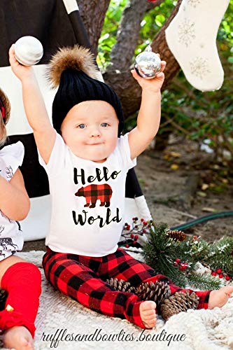 Newborn Baby Boy Winter Clothes Hello World Letter Print Baby Bear Outfits Buffalo Plaid Pants Hat Christmas 3PCS Sets (Hello World, Preemie)