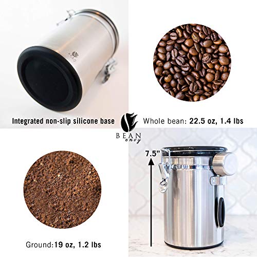 Bean Envy Coffee Canister - 22.5 oz Coffee Storage Container and Organizer w/Stainless Steel Scoop, Date Tracker & Co2-Release Valve - Essential Coffee Accessories, Steel