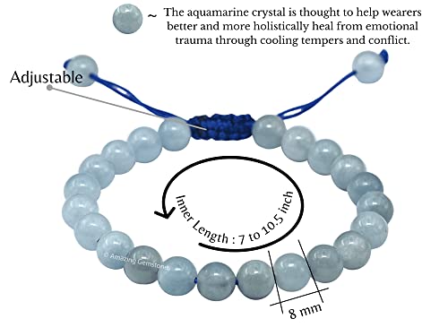 Aquamarine Bracelet for Women Men's Gifts - Protection Healing Crystal Bracelet - 8mm Gemstone Beaded Adjustable Bracelet