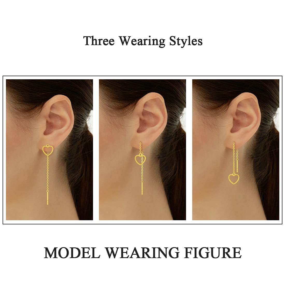 14k Yellow Gold Moon/Star/Square/Circle/Heart Threader Drop Dangle Earrings Jewelry for Women (style 3)