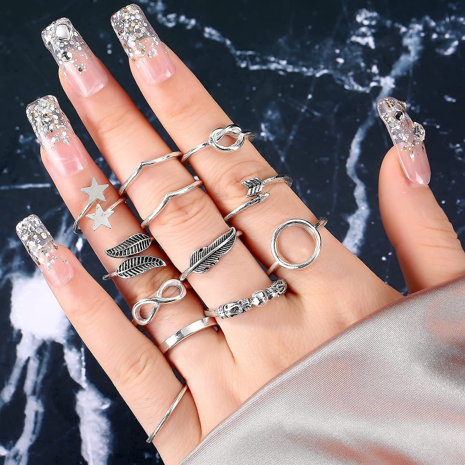 12 Pack Silver Knuckle Ring Set for Women Stackable Vintage Rings for Teen Girls Boho Trendy Finger Rings Adjustable Various Punk Rings Aesthetic Friendly Stacking Ring Sets Gifts