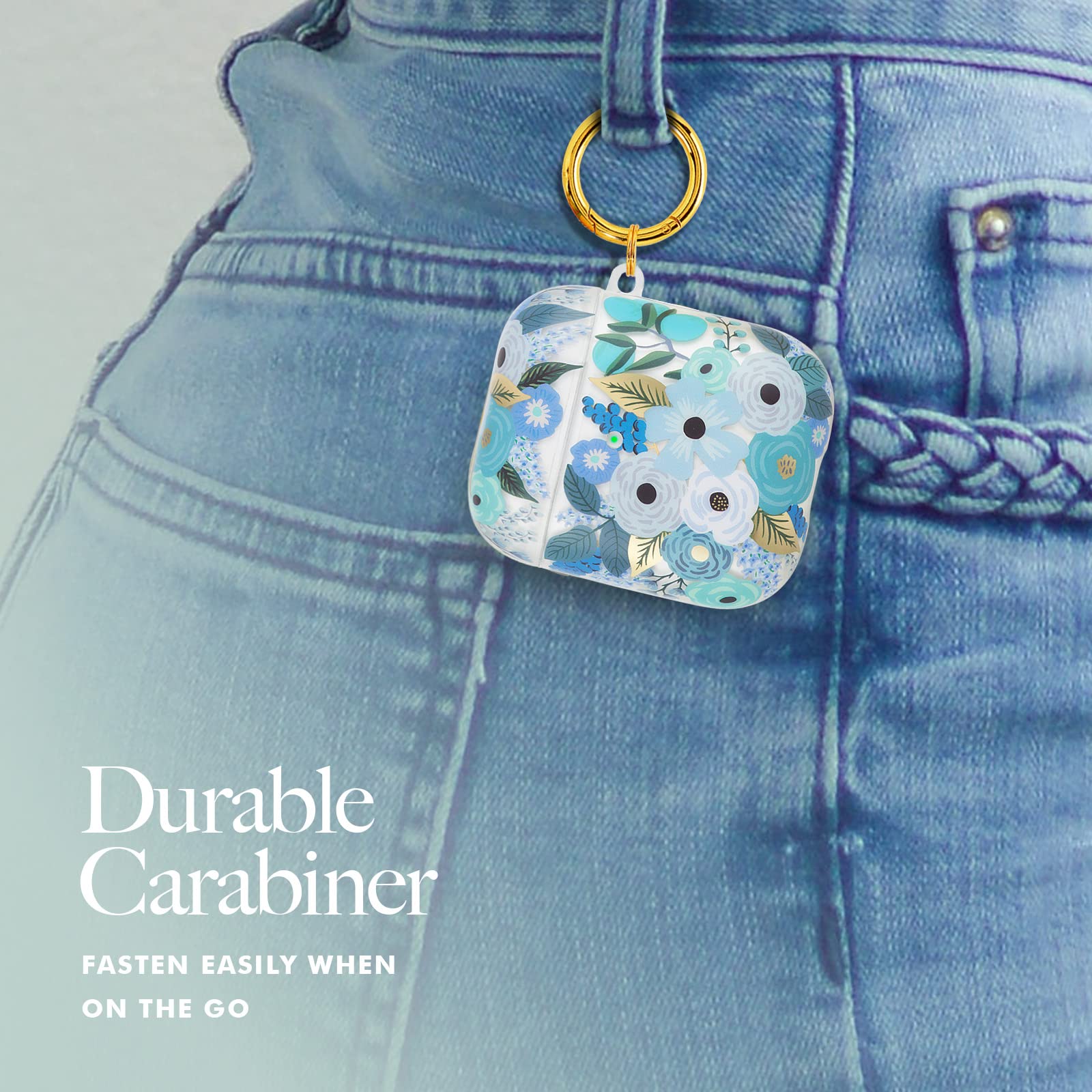 Rifle Paper Co. Airpods 2nd / 1st Generation Case Cover with Keychain Ring [Wireless Charging] [Front LED Visible] Cute Apple Airpods Case 2 and 1 with Floral Design, Anti Scratch - Garden Party Blue
