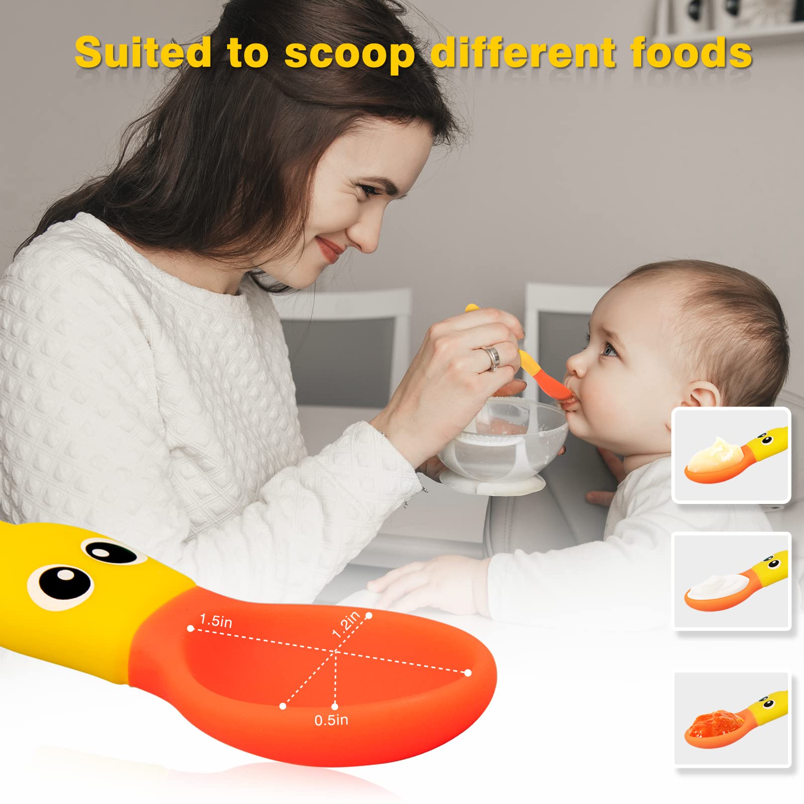 2 Pack 100% Silicone Toddler Spoon Soft and Bendable | BPA Free | Easy Grip Baby Utensils for Self-feeding Training, Cute Bright Adorable Ducks, (Set of 2, Orange and Yellow) MOE DUCK
