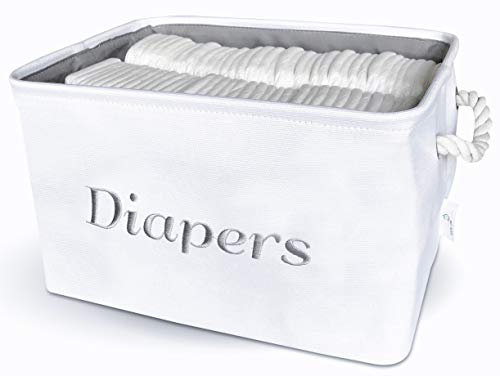 APPLE PIE ORDER Diaper holder, Storage & organizer Basket for Nursery, Baby boy or girl. White Canvas fabric Decorative Bin with Gray Embroidering.