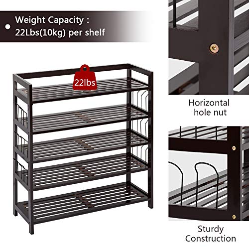 Kinsuite Shoe Rack Organizer 5-Tier Bamboo Shoe Shelf Free Standing Adjustable Shelves with 12 Hooks for Entryway Closet Bedroom, Dark Brown