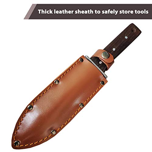 gonicc Professional Hori Hori Garden Knife with Leather Sheath, Protective Handguard, High polished 440 Stainless Steel Blade, Sharpening Stone Included, for Weeding, Digging, Pruning, and Cultivating, Gardening Spades
