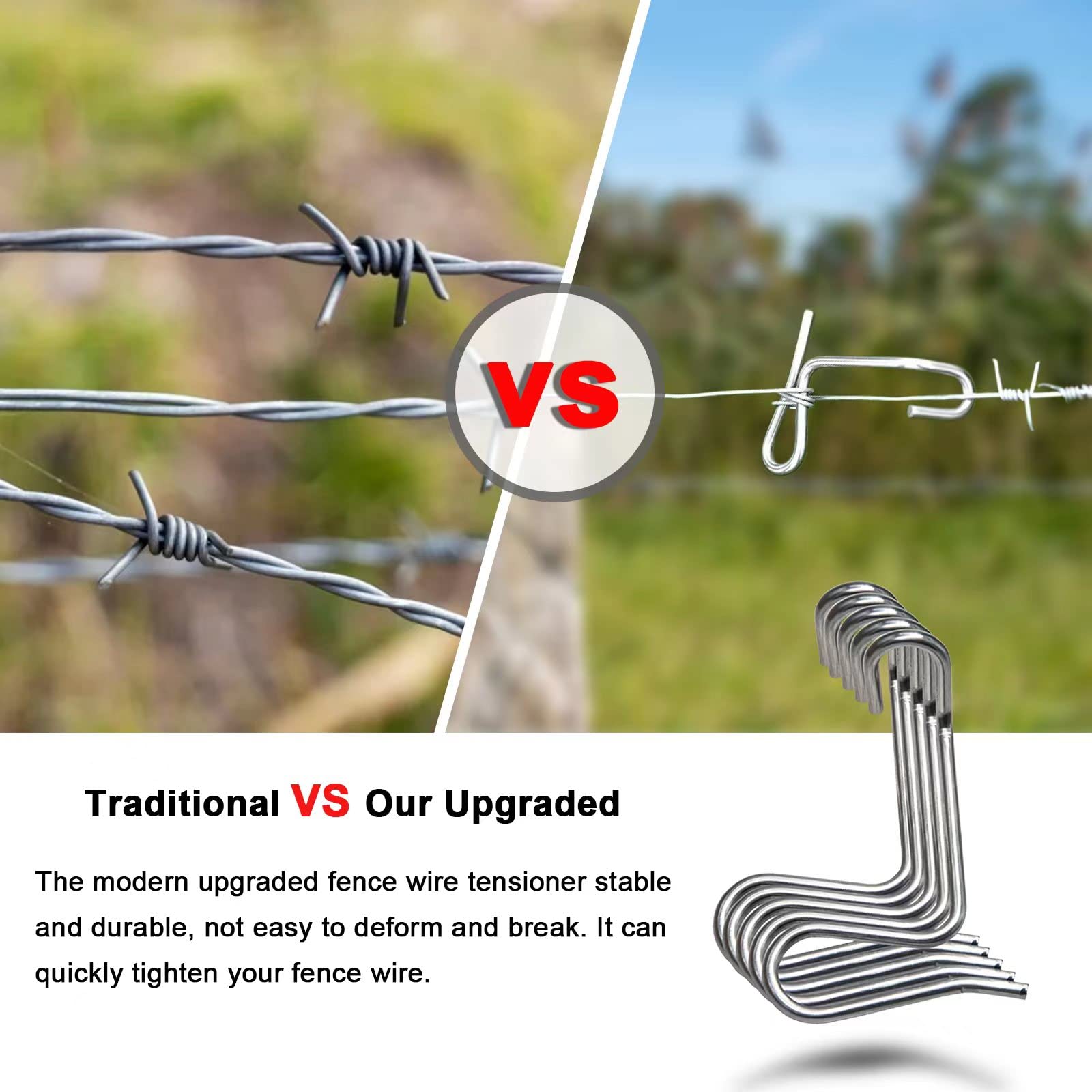 20 Pcs Fence Wire Tightener Tool with Tighteners Handle, Stainless Steel Barbed Wire Fence Tool for Tightening and Fixing Fences