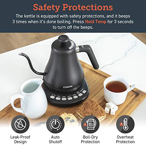 COSORI Electric Gooseneck Kettle with 5 Variable Presets, Pour Over Kettle & Coffee Kettle, 100% Stainless Steel Inner Lid & Bottom, 1200 Watt Quick Heating, 0.8L, Matte Black