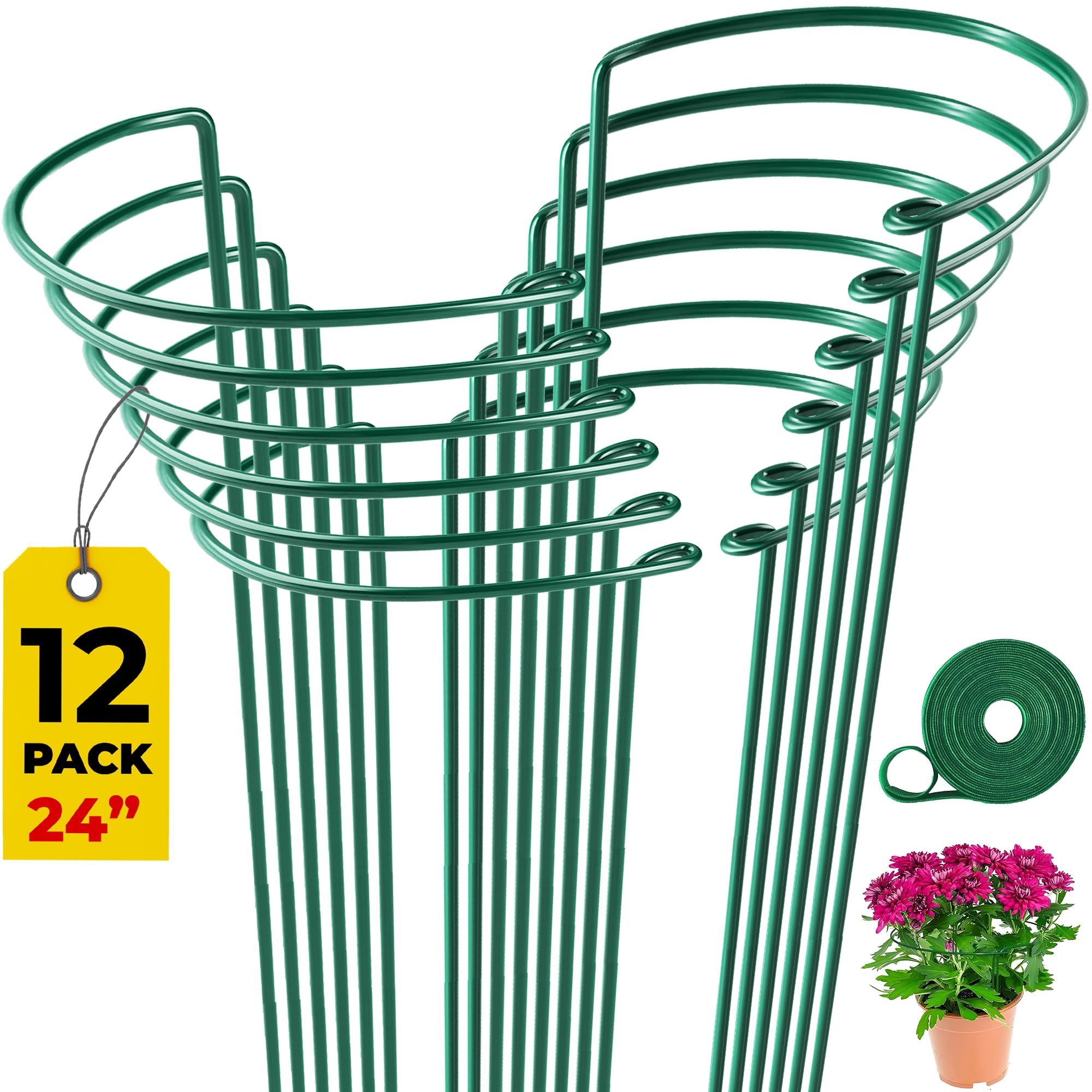 12 Pack Tall Snake Plant Support Stakes – 10" W x 24" H Half Round Peony Cages and Supports for Indoor and Outdoor Plants – Plant Cage Ring Support for Flower - Peony, Tomato, Hydrangea, Rose Bush