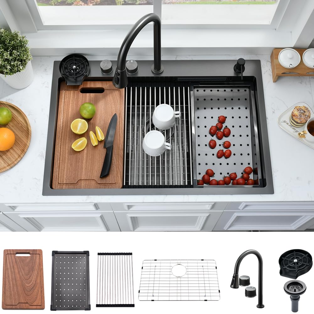 33 Inch Waterfall Drop In Kitchen Sink with Faucet Combo-Bokaiya 33x22 Waterfall Kitchen Sink Smart Workstation Sink 16 Gauge Multifunctional Single Bowl Stainless Steel Kitchen Sink with Faucet