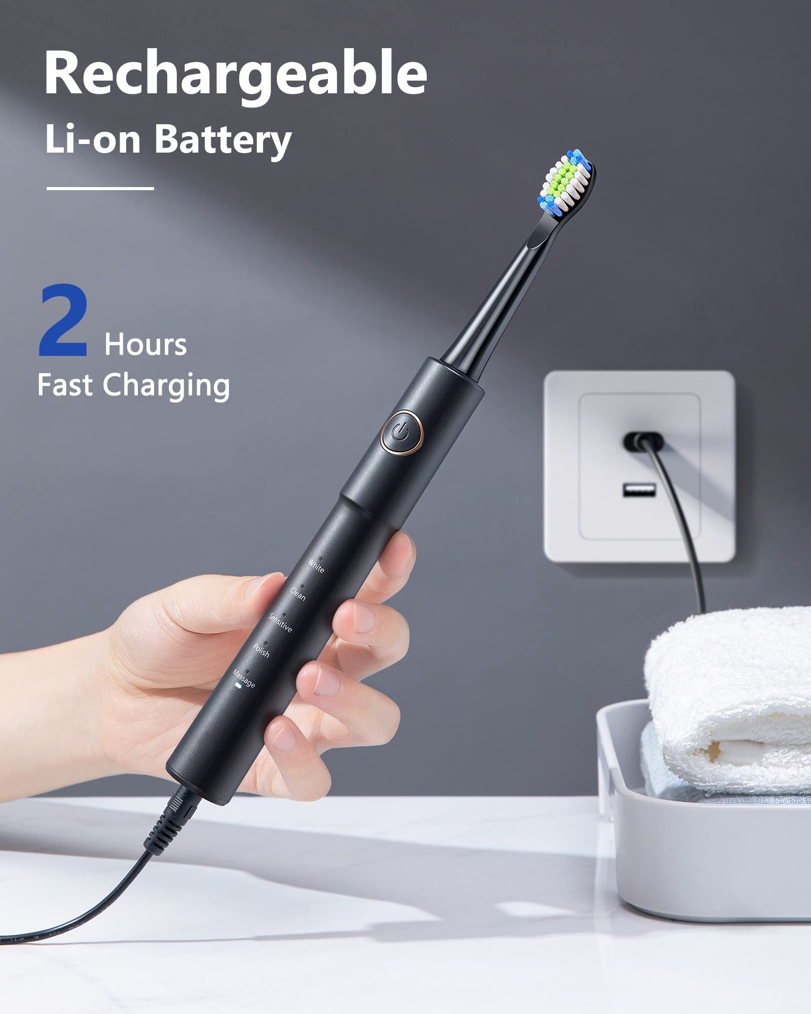 Dnsly Ultrasonic Electric Toothbrush for Adults, Battery Electric Toothbrushes, 8 Sonic Toothbrush Heads, 5 Modes with Smart Timer, 2 Hours Charge for 30 Days Use