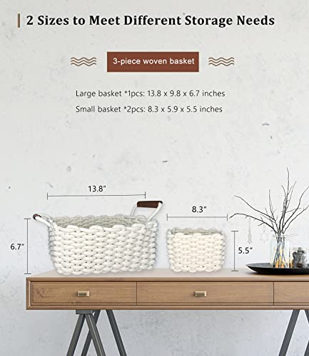 3-Piece Woven Baskets for Storage, Verkigle White Cotton Rope Basket with Handle, Decorative Cute Baskets for Room Desktop Organizing, Empty Gift Basket, Small Shelf Basket for Baby Nursery