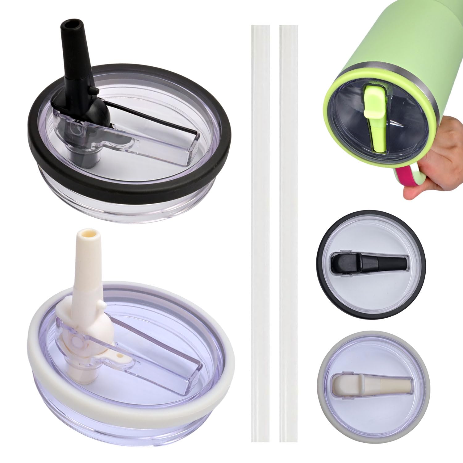 2 Pack 40 oz Tumbler Flip Straw Lid Replacement fit Only for Stanley Quencher, Spill Proof Splash Resistant Tumbler Lids for Stanley, Silicone Nozzle PCTG material (Black & Cream white)
