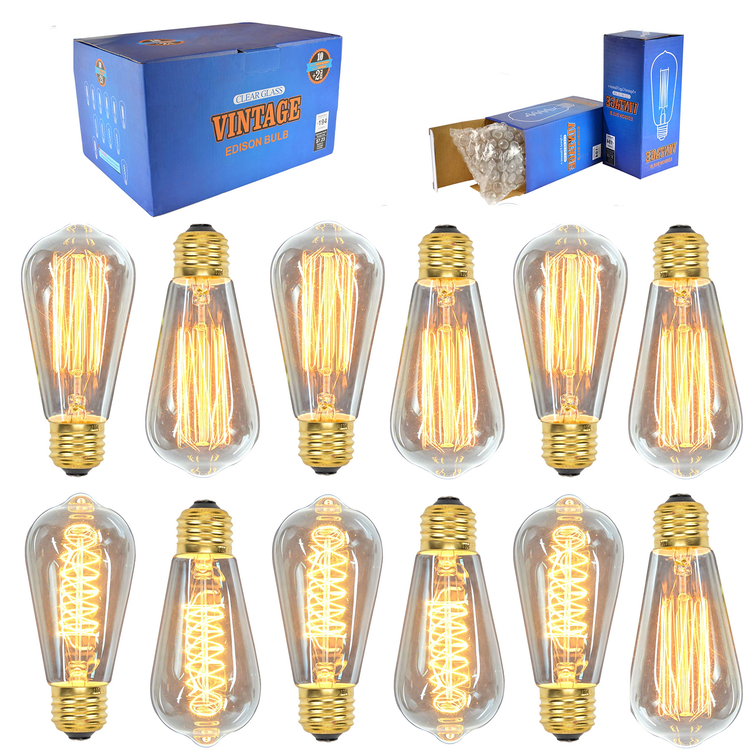 12 Pack Vintage Edison Light Bulbs, 7 Squirrel Cage Filament Bulbs , 5 Spiral Filament Bulbs, 60W, ST64, E26, Dimmable,Clear Glass, Industrial Vintage Bulbs