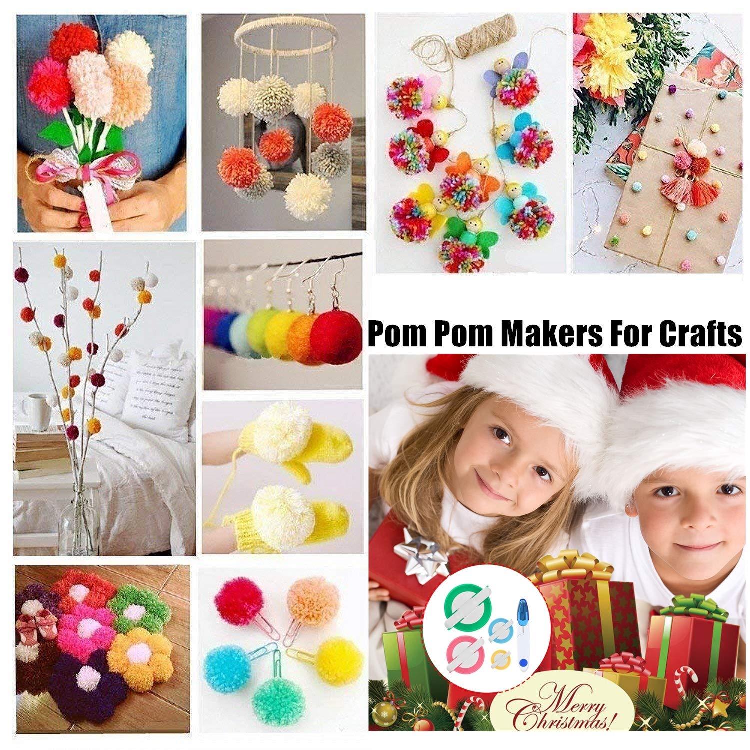 2 Set Pompom Makers of 6 Sizes, JOERSH 50 PCS Pom Pom kit Includes 8 PCS Pom Pom Maker, 2 PCS Thread Cutter Scissors, 40 PCS Plastic Needles for Fluff Ball Weave DIY Wool Yarn Knitting