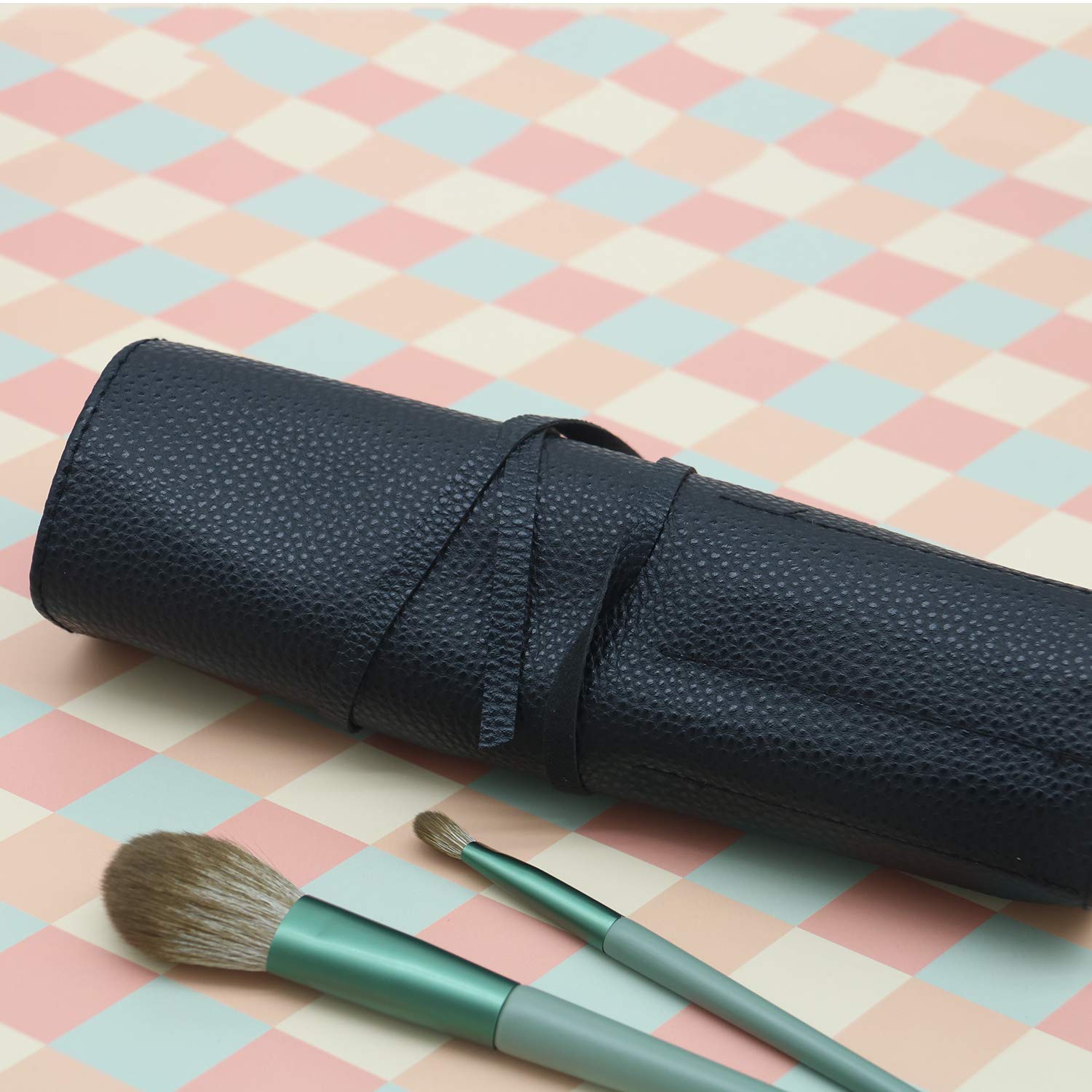 Bird&Fish Makeup Brush Case Travel, makeup brush bag,makeup brush silicone case roll up bag,Rolling Bag Storage Case PU Leather,Holder Organizer Brushes Pouch Cosmetic Bag for Travel(Black)