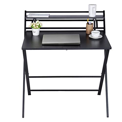 Riverdalin Modern Folding Desk,Foldable Study Desk for Small Space,Home Office Laptop Table with Shelf,Computer Gaming Writing Eating Multi-Purpose Portable Organization (Black)