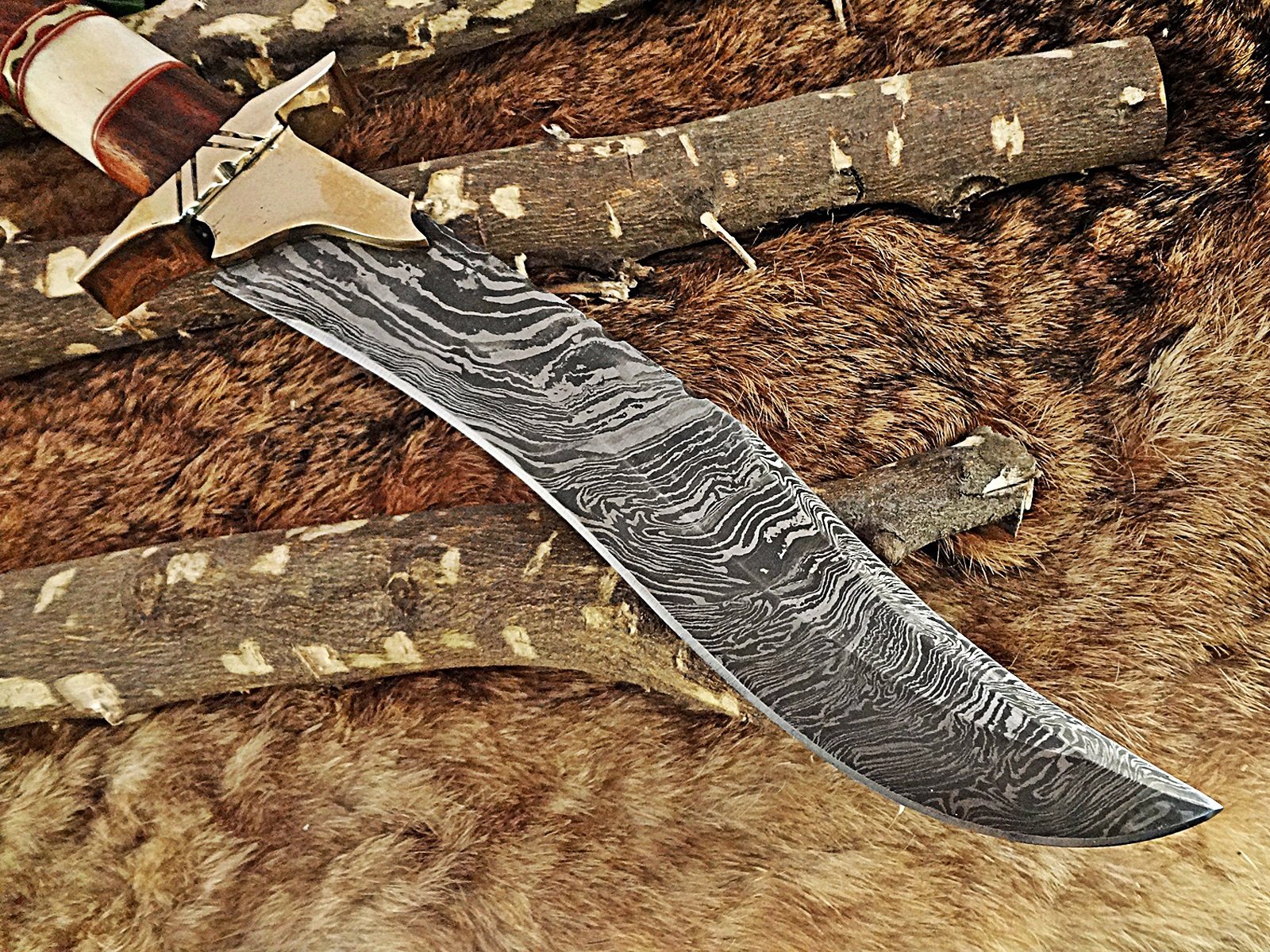 15" Long hand forged Damascus steel hunting Knife, Natural camel Bone and Walnut wood with engraved brass handle, Cow hide Leather sheath with belt loop
