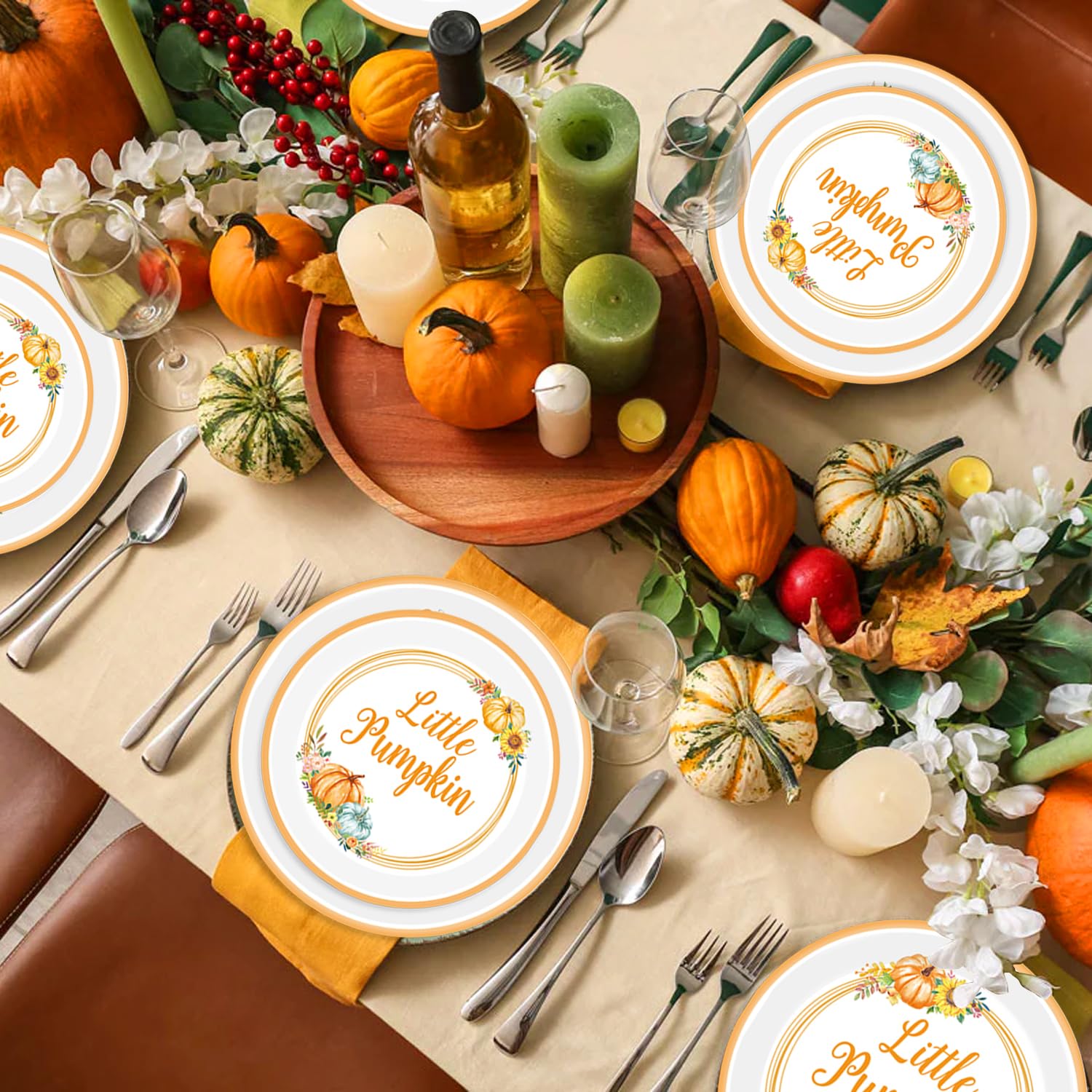170PCS Little Pumpkin Baby Shower Decorations Plates, Cups, Napkins, Banner, Tablecloth and Cutlery for Fall A Little Pumpkin is On The Way Baby Shower, Serves 24