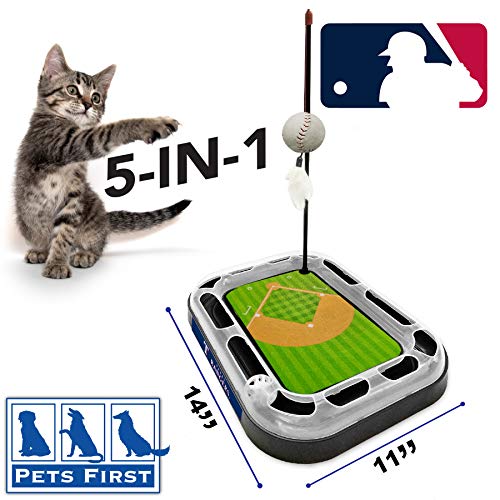 Pets First Cat Scratching Toy MLB Texas Rangers Baseball Field Cat Scratcher Toy with Interactive Cat Ball Bell in Tracks. 5-in-1 CAT Toy: Cat Wand Poll with Catnip Filled Plush Baseball & Feathers