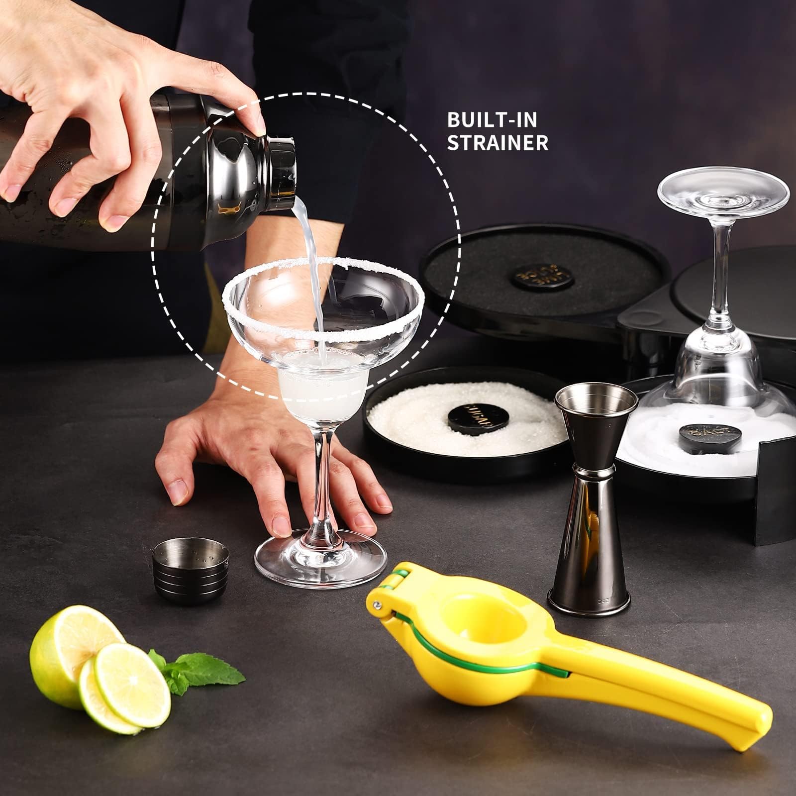 USEEKRIL Margarita Kit - Set of 2 Margarita Glasses (8.5oz), 3-Tier Salt Rimmer, Stainless Cocktail Shaker & Jigger, Coasters,Cocktails Cards,Citrus Squeezer and More - Margarita Kit Gift Set
