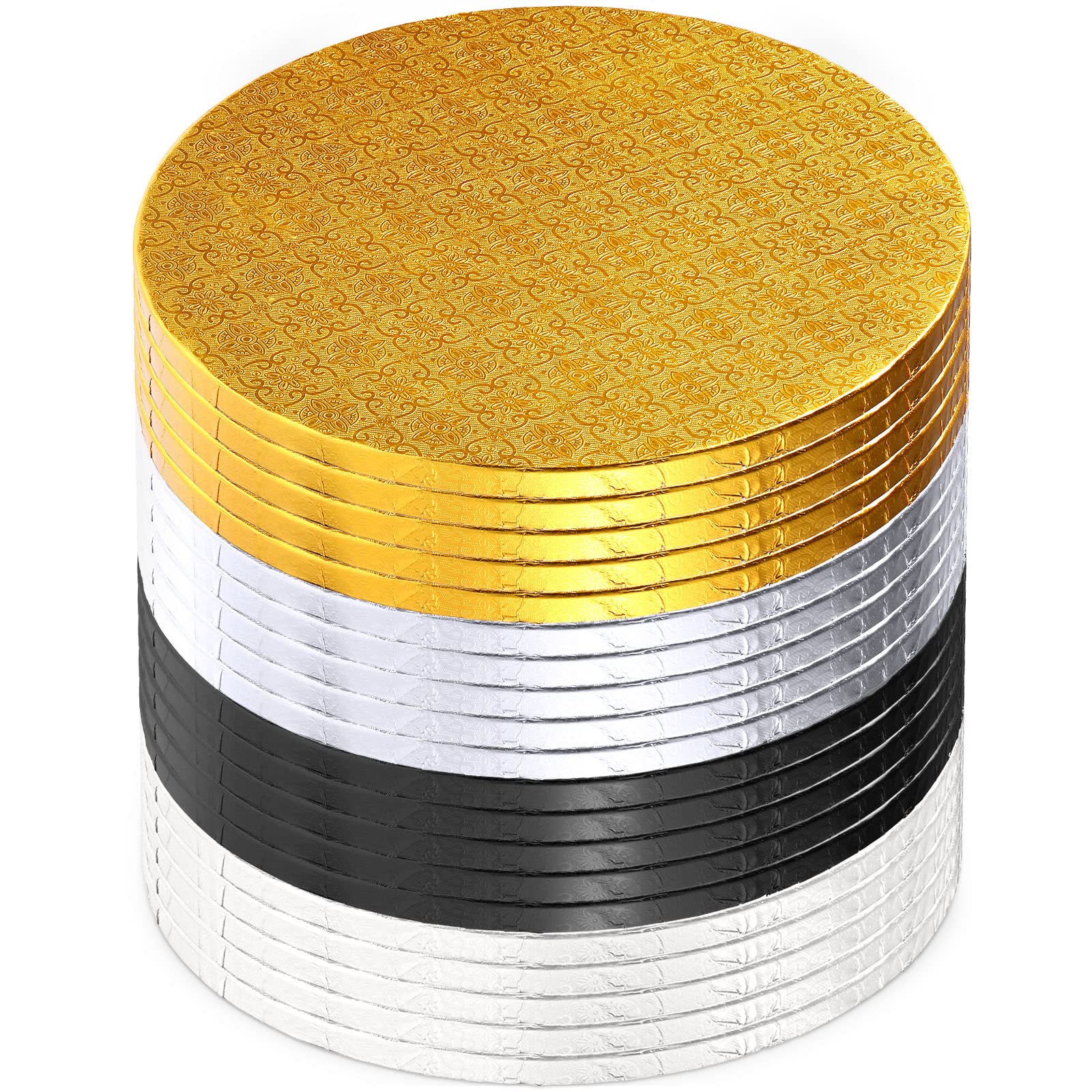 20 Pieces Cake Boards 10 Inch Round Cake Drum with 1/2 Inch Thick Round Cake Stands Cake Smooth Edge for Multi Tiered Birthday Wedding Party, Black, Silver, Gold and White
