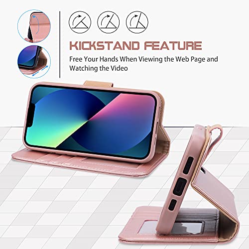 Arae Compatible with iPhone 13 Case[ Not for iPhone 13 Pro] with Card Holder and Wrist Strape Wallet Flip Cover for iPhone 13 6.1 inch-Rose Gold