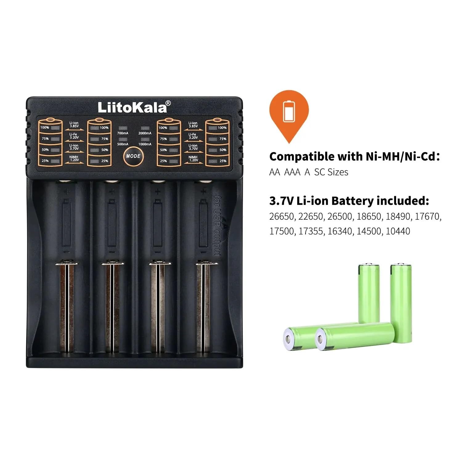 4-Bay USB 18650 Battery Charger with Led Light,Universal Battery Charger for 3.8V 3.7V IMR 18650 26650 RCR123A 14500 16340 LiFeO4 1.2V Ni-MH Ni-Cd AA AAA Battery