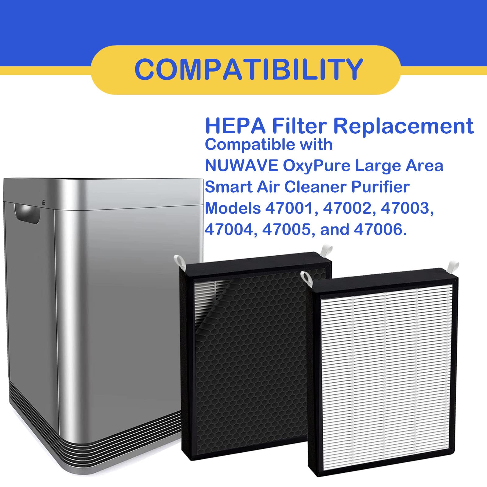2 Pack True HEPA/Carbon Filters Replacement Compatible with NUWAVE OxyPure Large Area Smart Air Cleaner Purifier Models 47001, 47002, 47003, 47004, 47005, and 47006., Activated Carbon + HEPA Combo